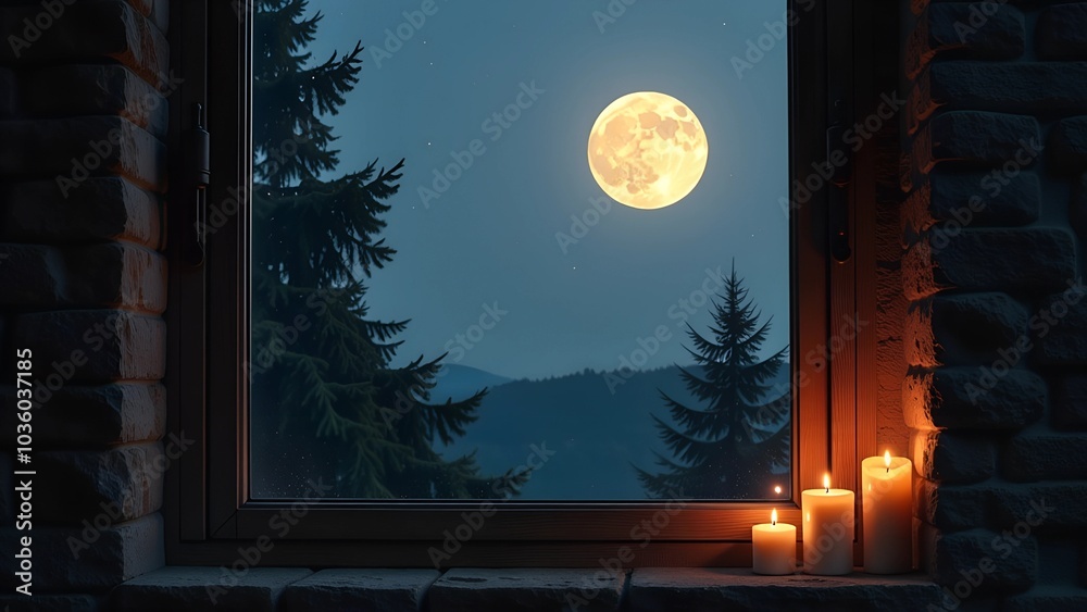 Full moon night view from window with lit candles and pine trees ...