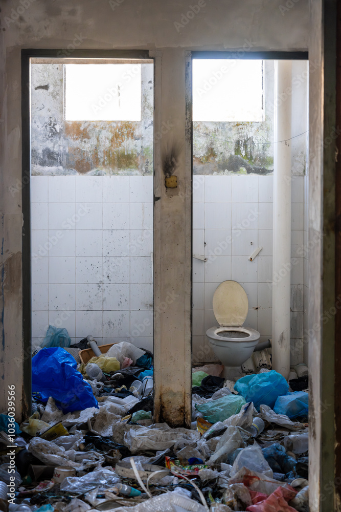 Toilets and bathroom in abandoned apartment building completely filled ...