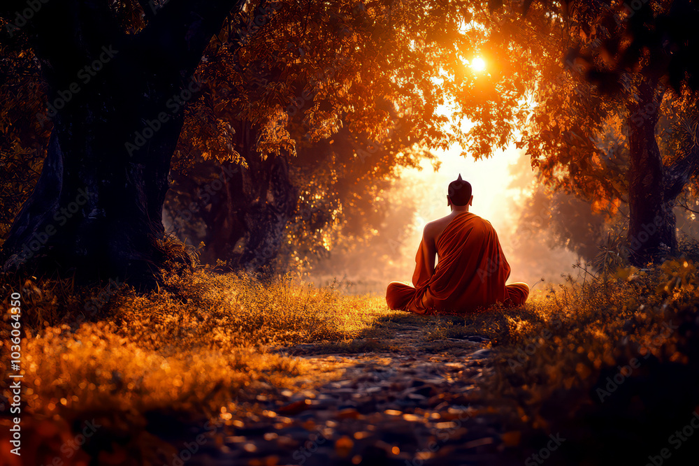 Bodhi Day celebration. Figure of meditating man in traditional buddhist ...