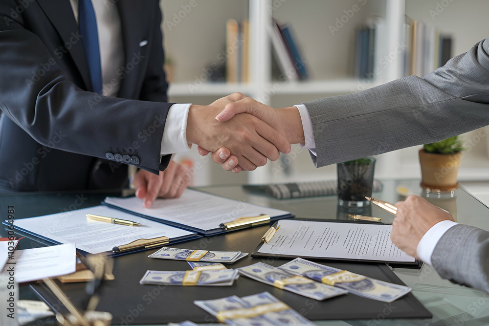 A handshake between two business professionals over contract papers and ...