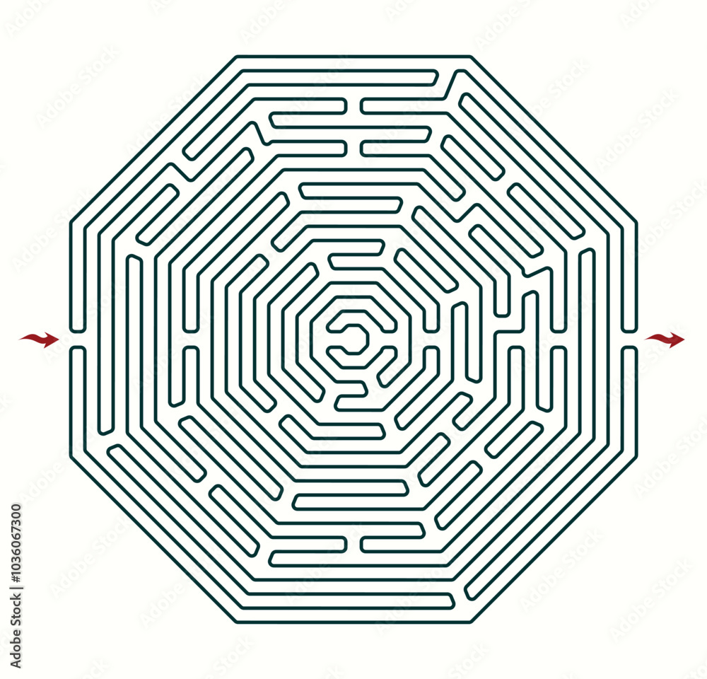 Octagon shaped labyrinth (maze) design. Vector graphic illustration of ...