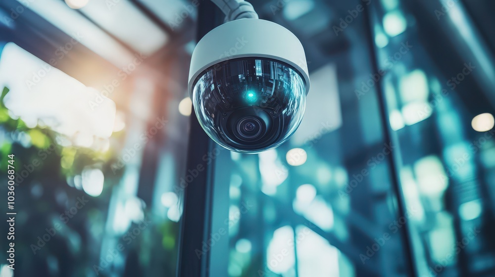 Modern surveillance camera hanging in a bright indoor setting equipped ...