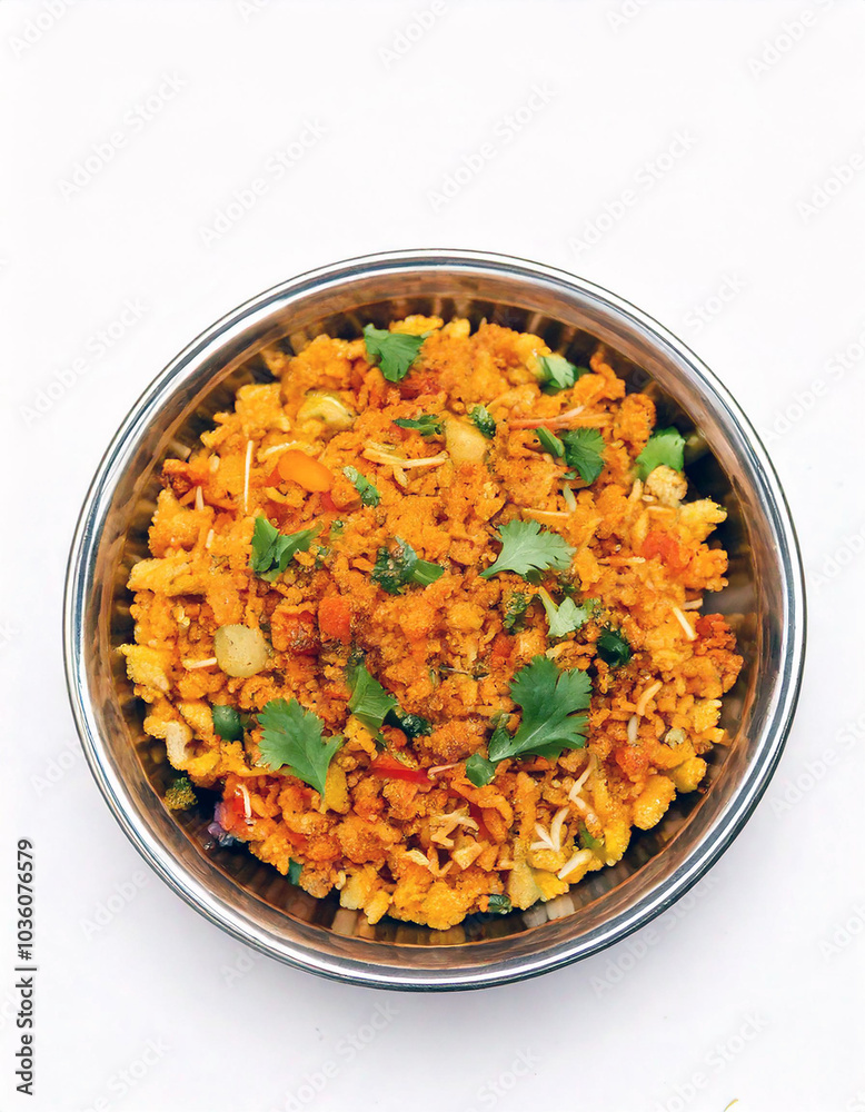 A vibrant serving of Bhel Puri, a delightful Indian street food. Crispy ...