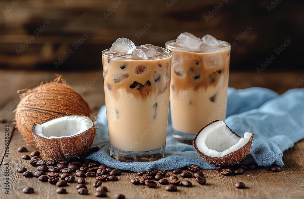 Refreshing iced coconut coffee drinks with coconut halves and coffee ...