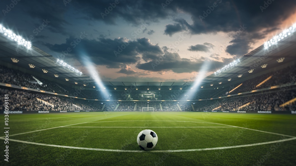 Night Football Stadium: A dramatic, cinematic view of a soccer ball on ...