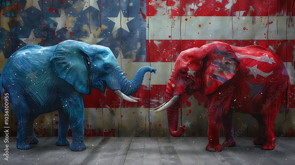 a blue elephant and a red elephant facing each other in front of an ...
