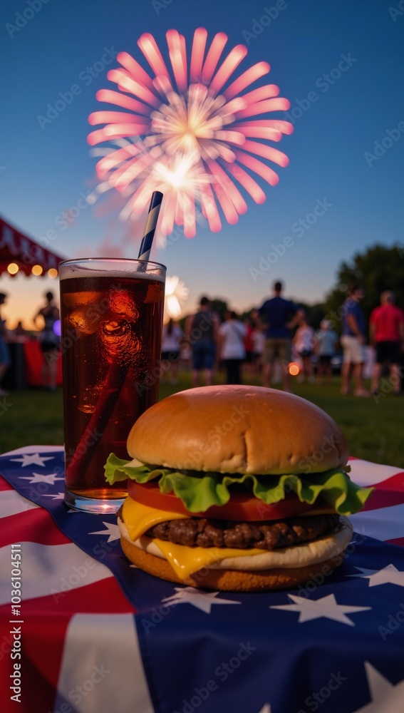 Burger and Cola on a Table with Fireworks over an American Flag ...