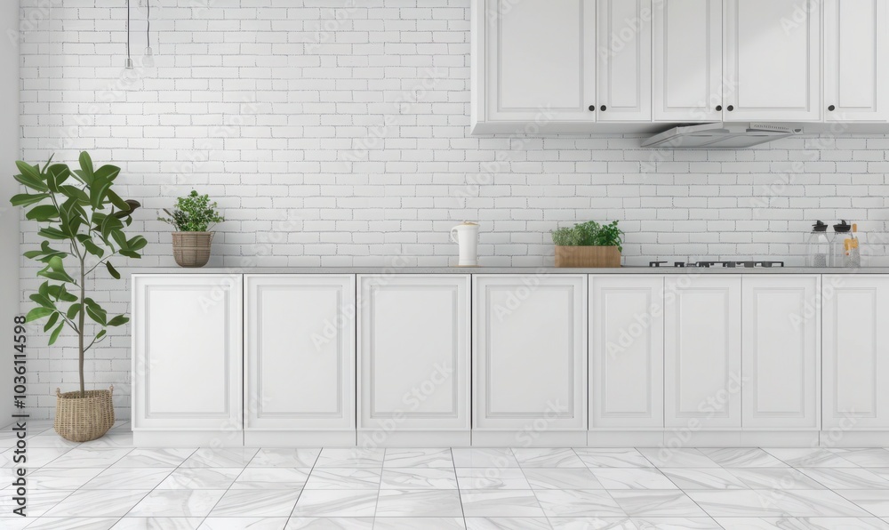 Modern, bright, clean, white kitchen with white cabinets, countertops ...