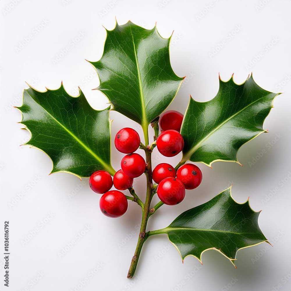 single sprig of simple holly with bright christmas red berries on white ...