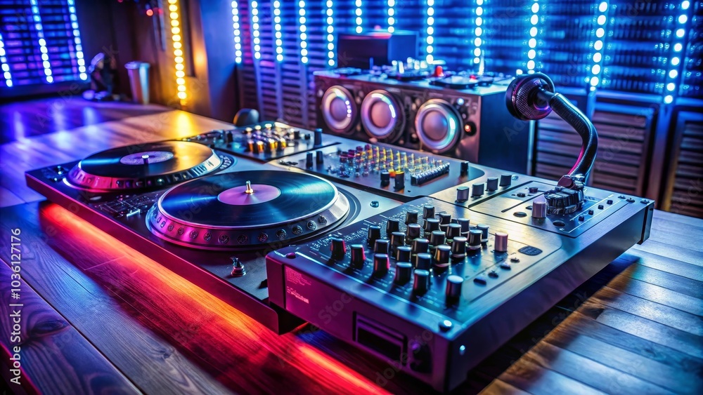 Professional dj turntables and mixing console standing ready for the ...