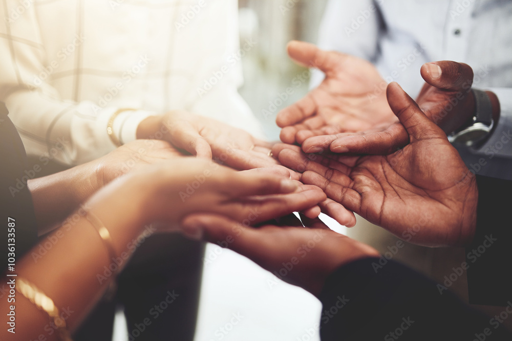 Business people, group and cupped hands with palm in teamwork for ...