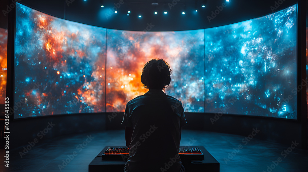 Solitary gamer sits in front of a massive, curved screen that displays ...