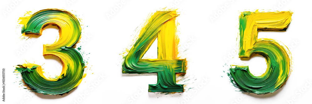 Numbers 3, 4, 5. Alphabet Made of Green and Yellow Paint Strokes ...