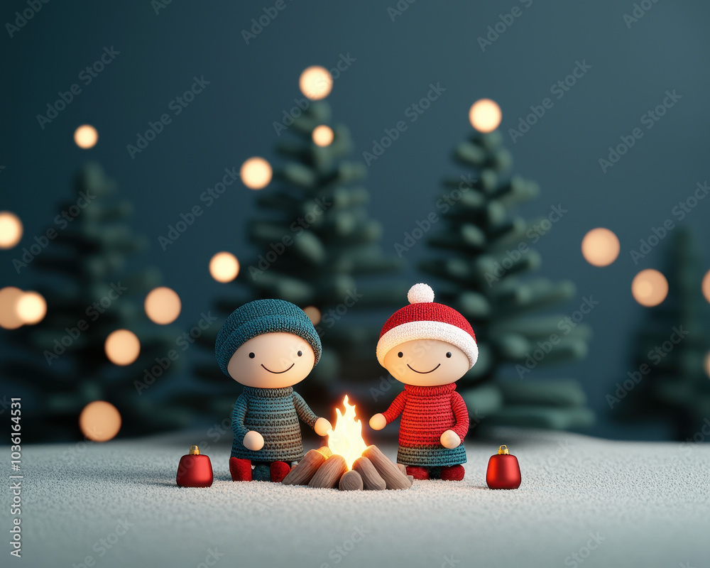 Joyful winter camping two cheerful characters gather by the fire under ...