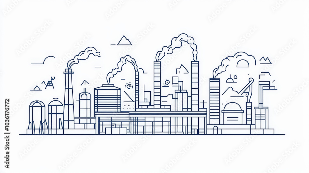 This design template uses thin lines to illustrate a factory and ...