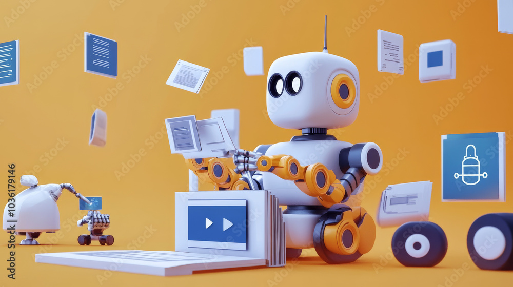 This image shows robots using technology to work with data. They are ...