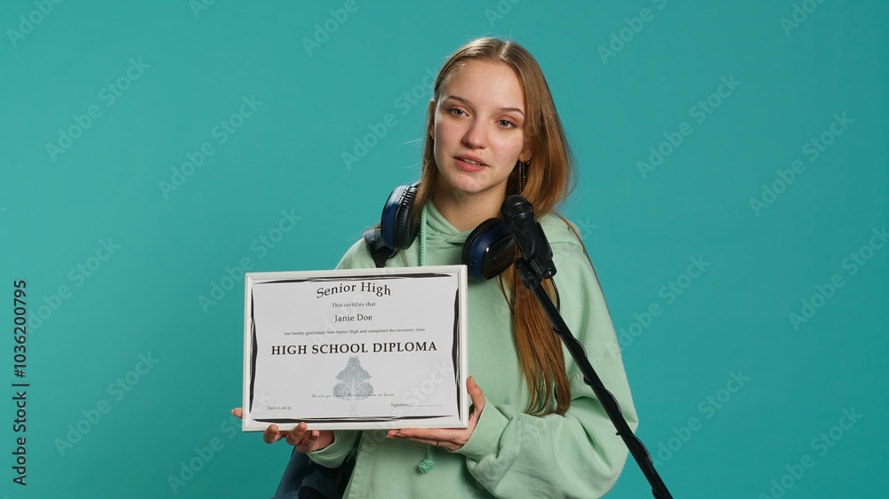 Overjoyed student celebrating achievement, holding diploma, using ...
