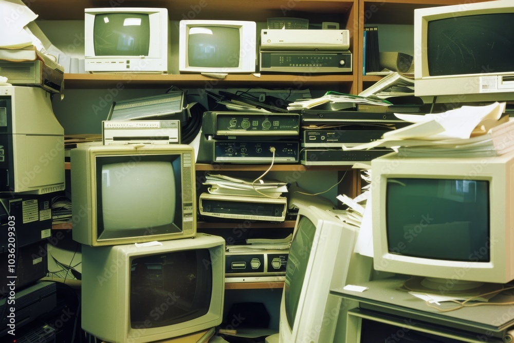 Old computer monitors and electronics stacked in a cluttered ...