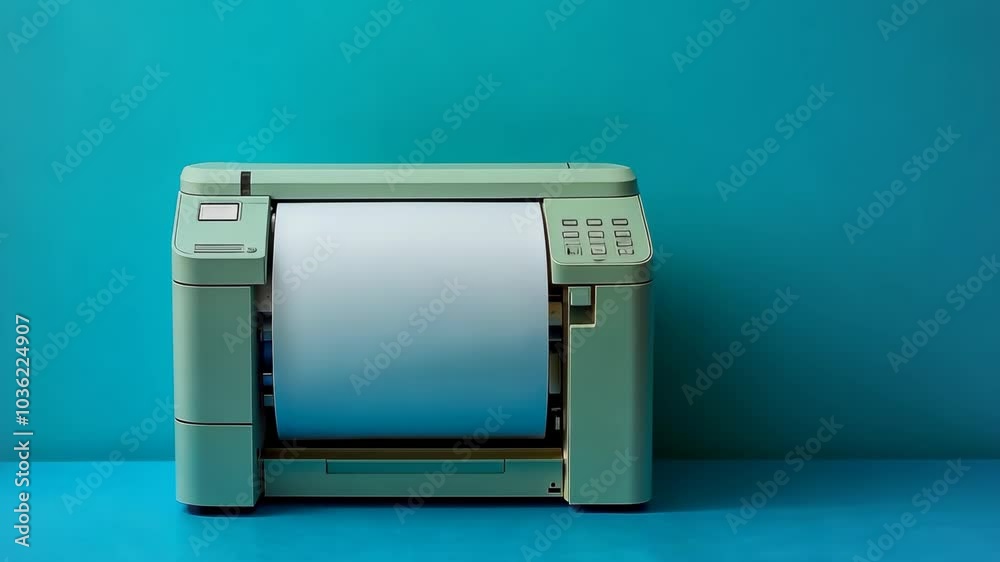A green printer sits on a blue table, ready to print a document Stock ...