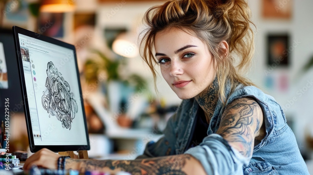 Design in motion: portrayal of a tattooed graphic designer girl engaged ...