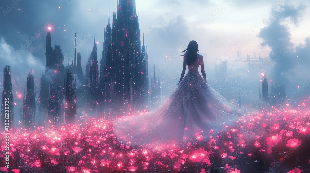 Enchanted princess, flowing gown, surrounded by glowing flowers, castle ...