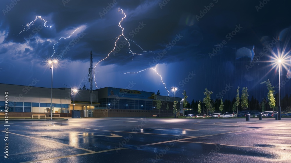 Lightning strikes above a building in an empty parking lot at night ...