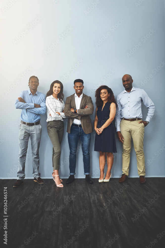 Business people, portrait and diversity with about us by wall ...