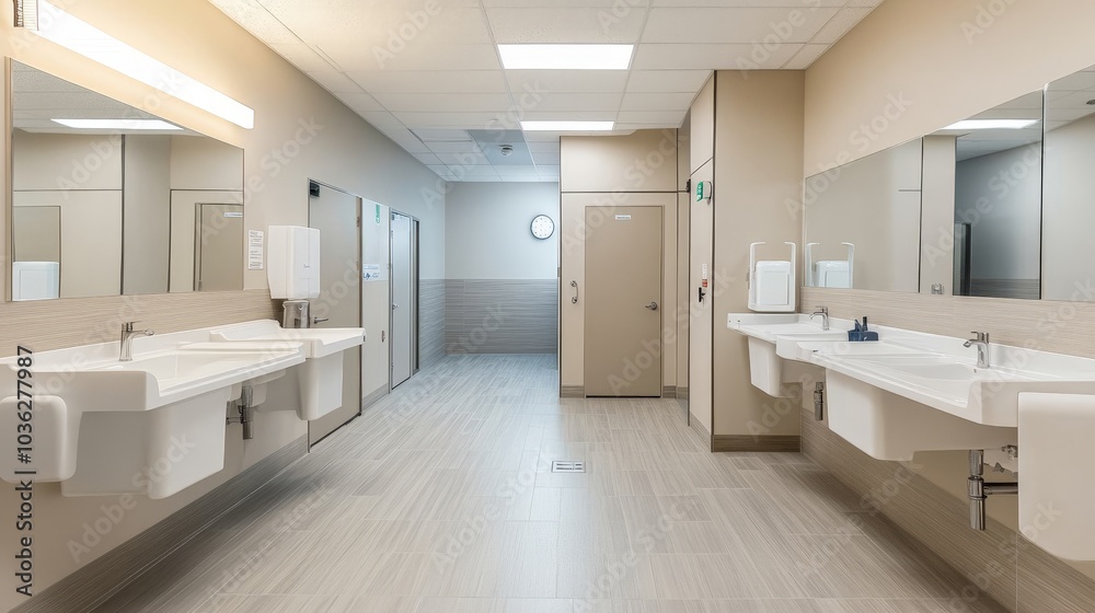 A modern public restroom with accessible design, including wide doors ...