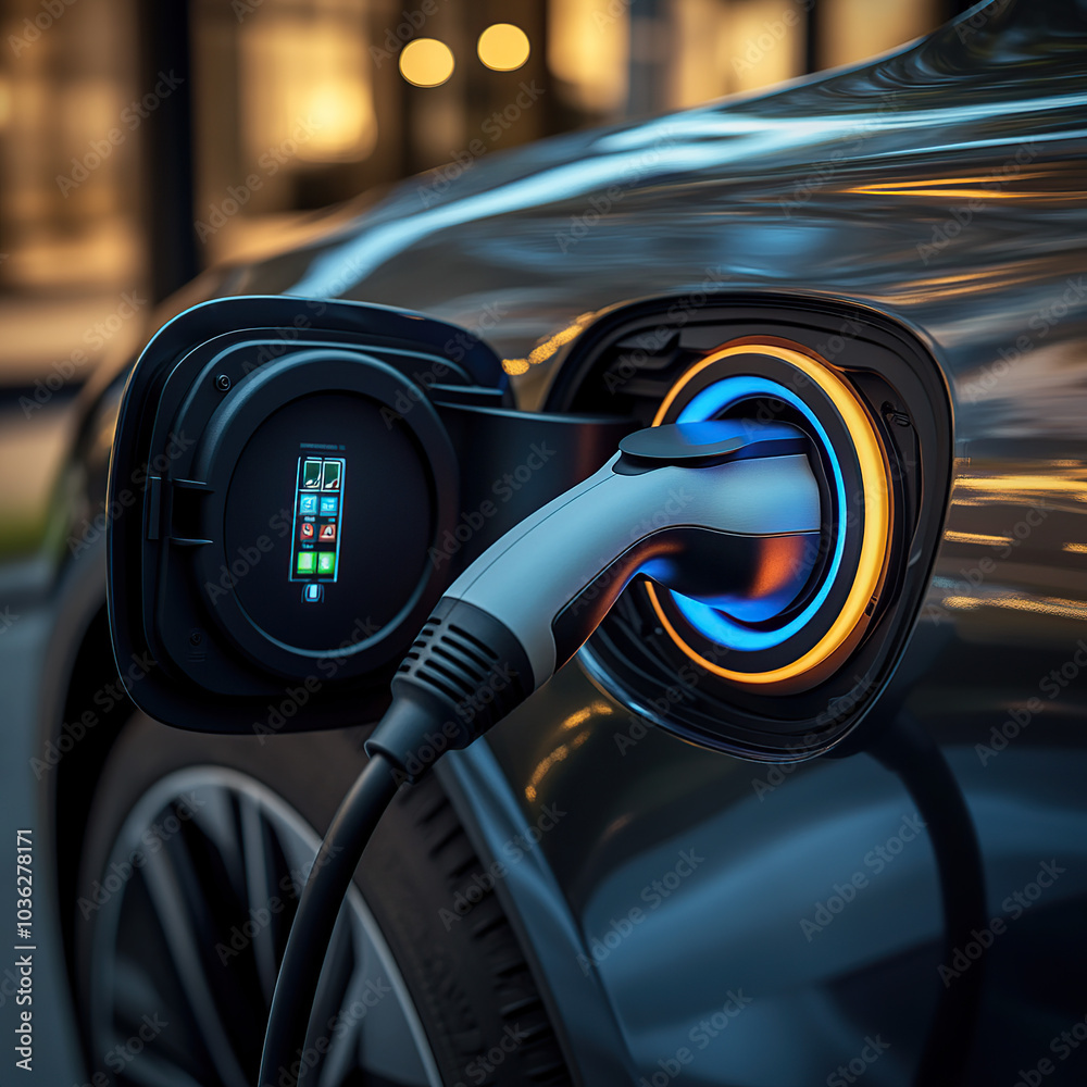 Close-up of an electric car charging port with the power cable in place ...