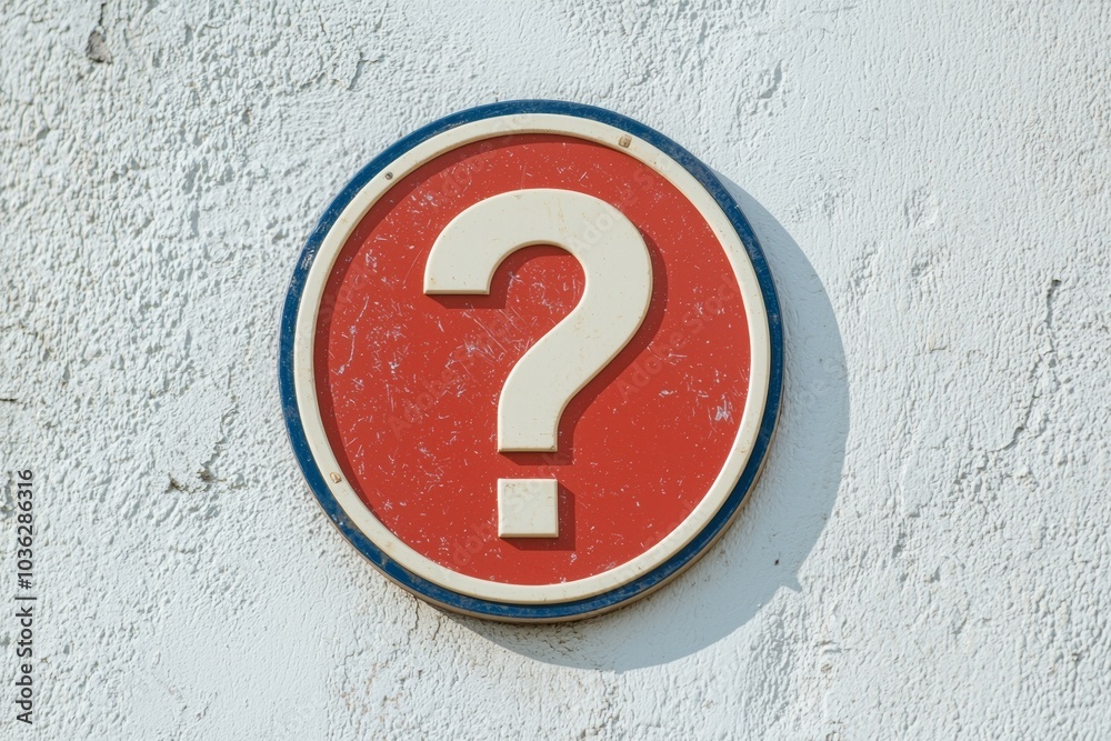 A large red question mark sign mounted on a textured white wall in ...