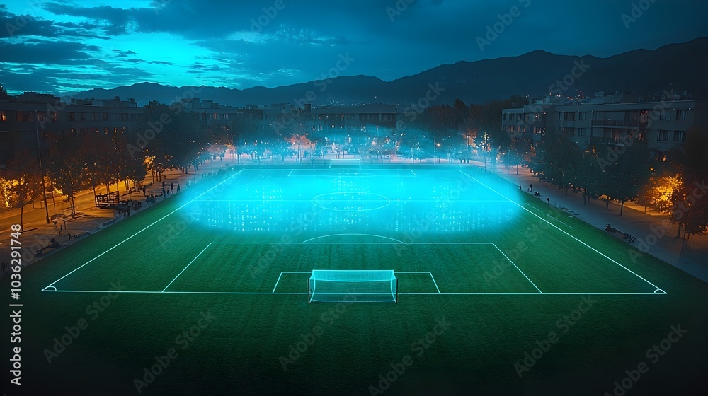 Holographic projection of player stats and tactical formations above a ...