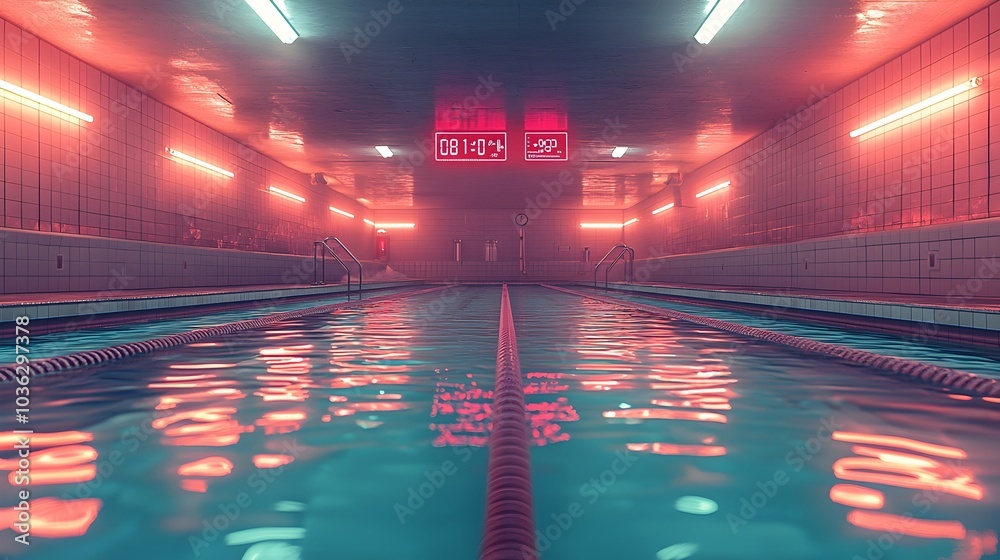 Photograph of a sleek and modern indoor swimming pool with holographic ...