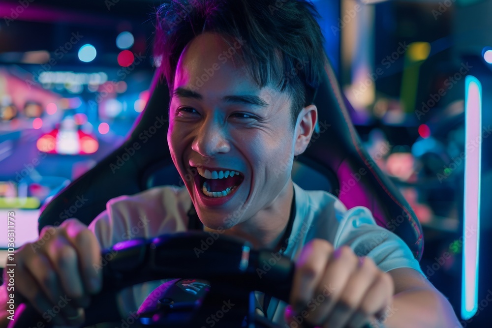 Asian male gamer playing an online car drive simulation game with a ...