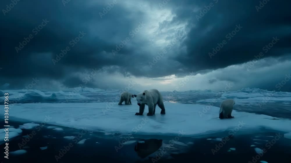 A striking portrayal of polar bears on melting ice floes, illustrating ...