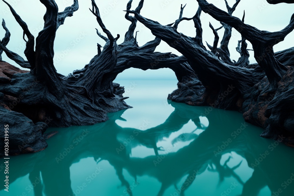 Environment, depicted in a gothic swamp where dark, twisted trees and ...