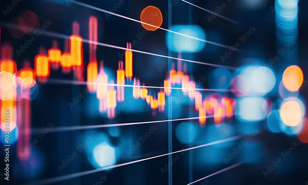 A stock market graph with rising candlestick charts, representing an ...