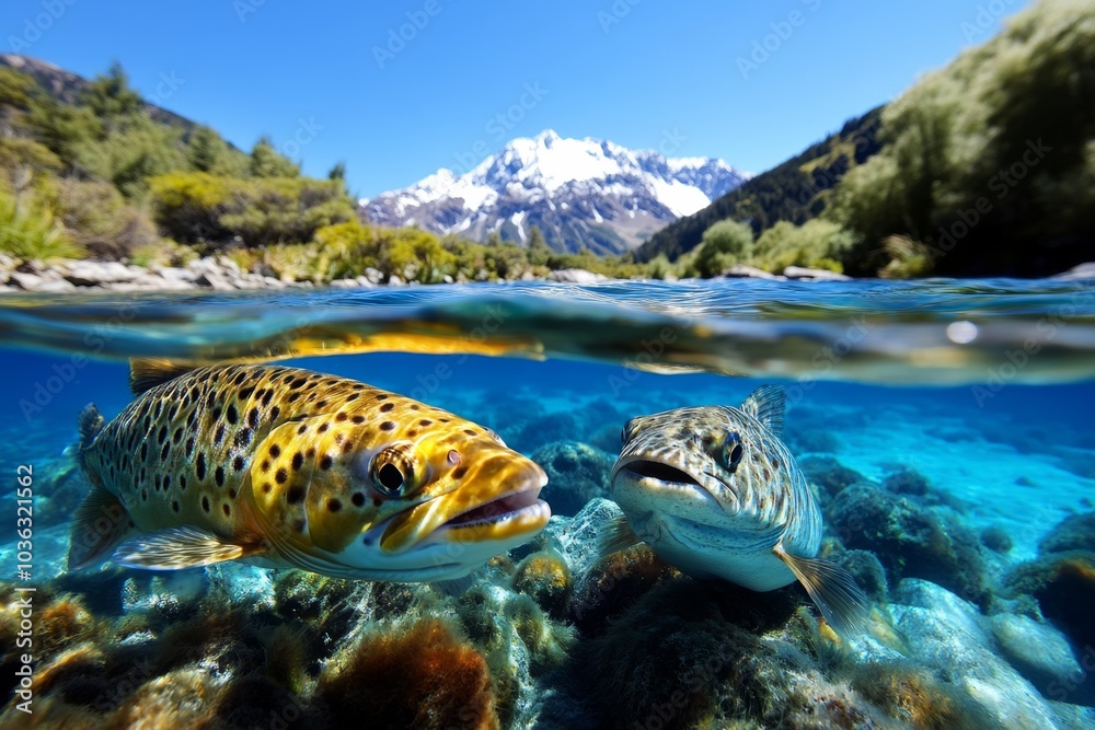 Nature, depicted in a freshwater lake ecosystem, with fish, plants, and ...