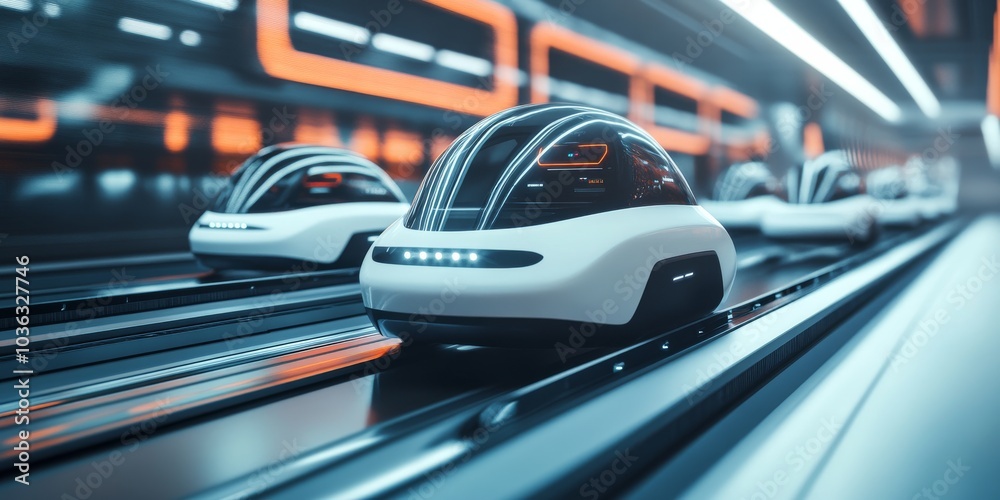 A row of unmanned electric vehicles in a futuristic transportation ...