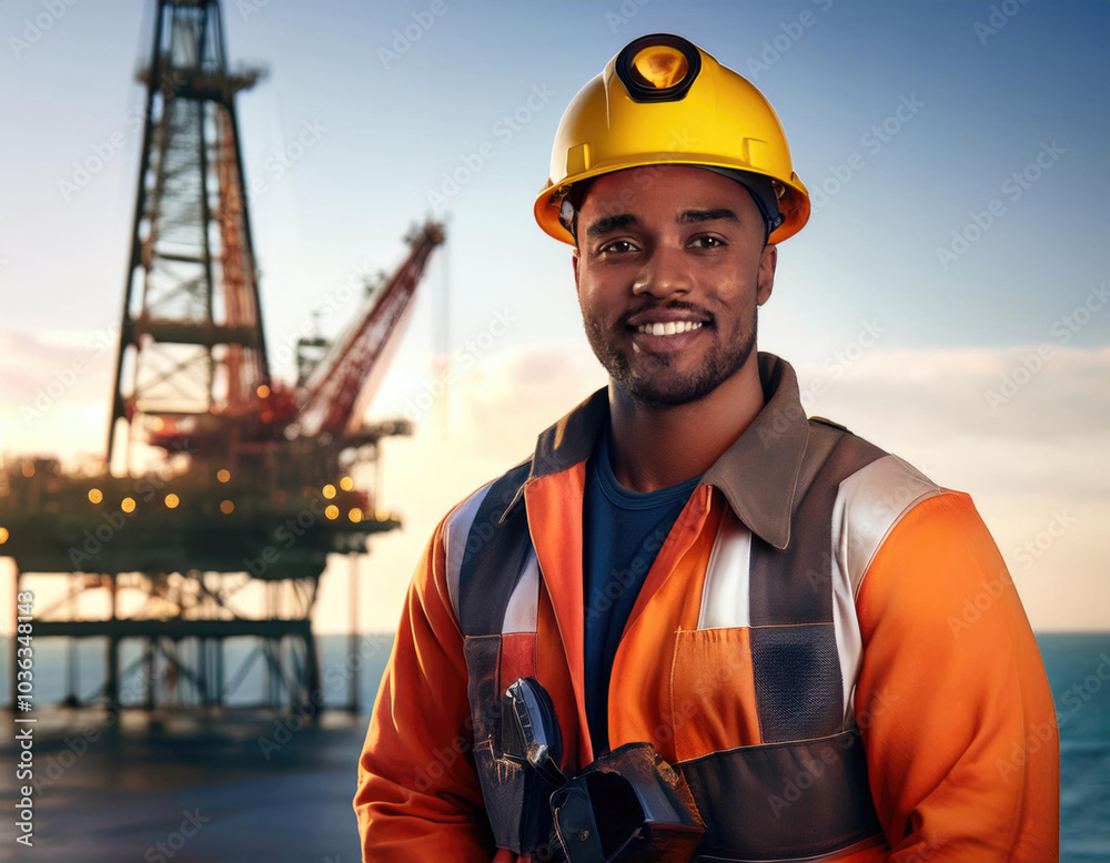 Portrait of a man oil rig worker with a helmet in front of the offshore ...