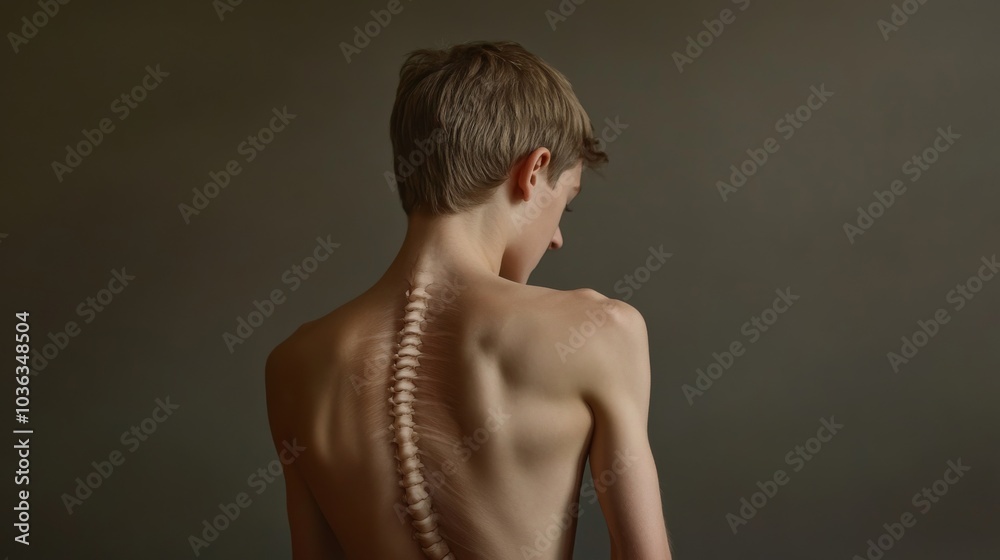 2408 23.A young boy bare back is shown as he hunches over from back ...