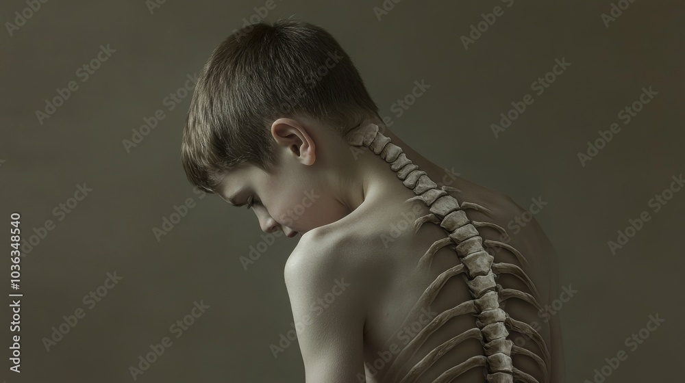 2408 23.A young boy bare back is shown as he hunches over from back ...