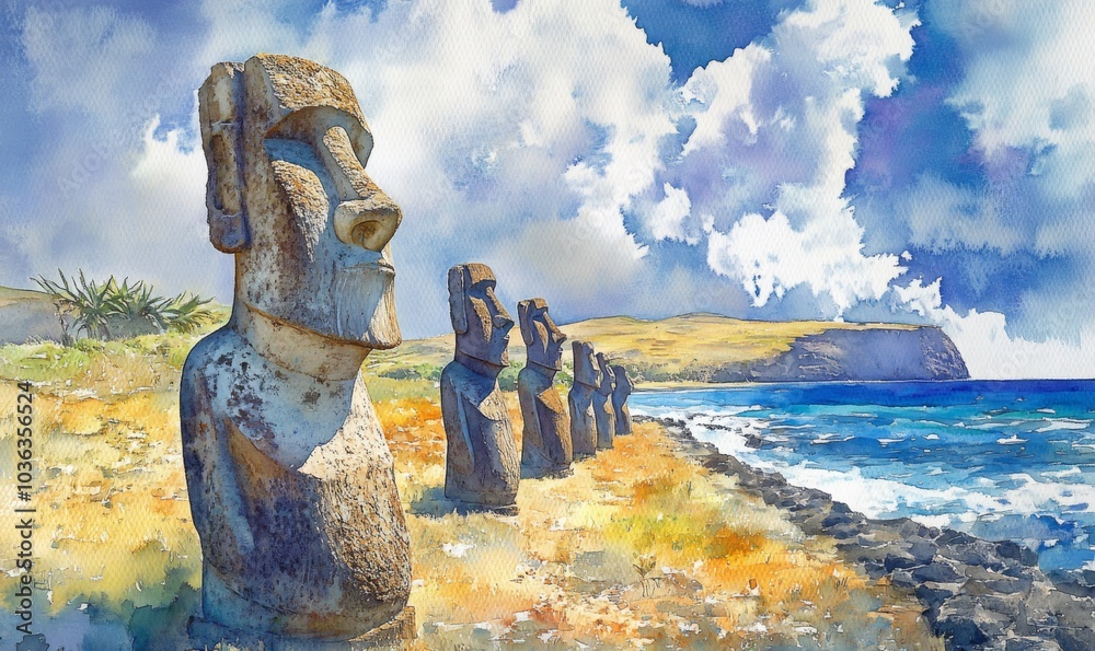 Watercolor Easter Island, Chile Moai statues facing inland at Ahu ...