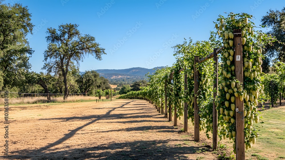 Hop Bine Trellis: Rows of hop bines climbing wooden trellises. The ...