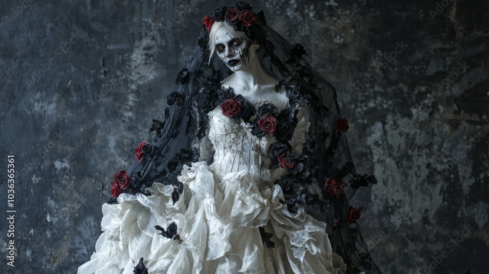 Sinister Vampire Bride Costume with Tattered Dress and Dramatic Makeup ...