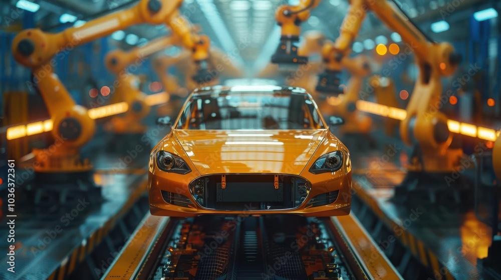 Modern car assembly line with robotic arms and orange vehicle in ...