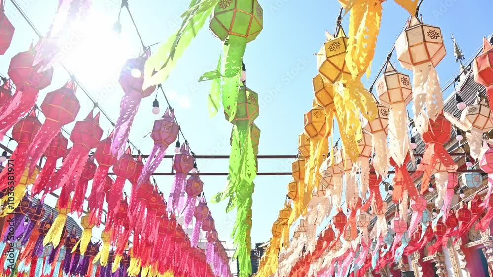 Traditional paper lantern decoration in temple in Chiang Rai province ...