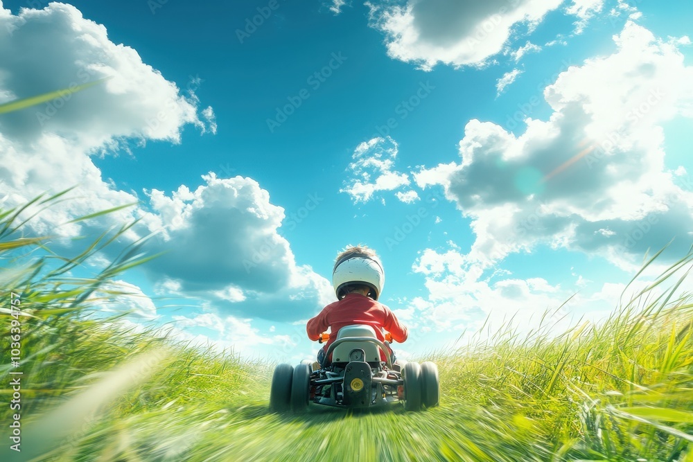 A child rides a go-kart through a grassy field under a bright sky ...