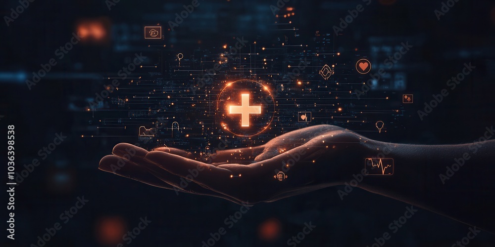 Hand holding glowing digital medical symbols, representing healthcare ...