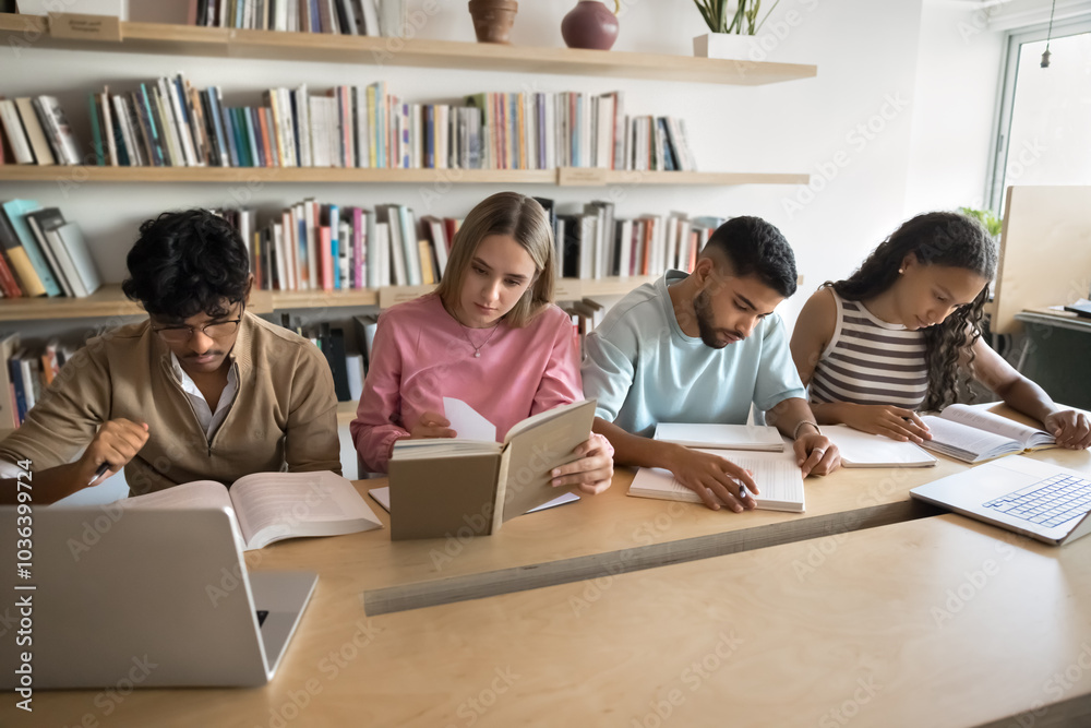 Multiethnic college students visiting library, reading textbooks ...