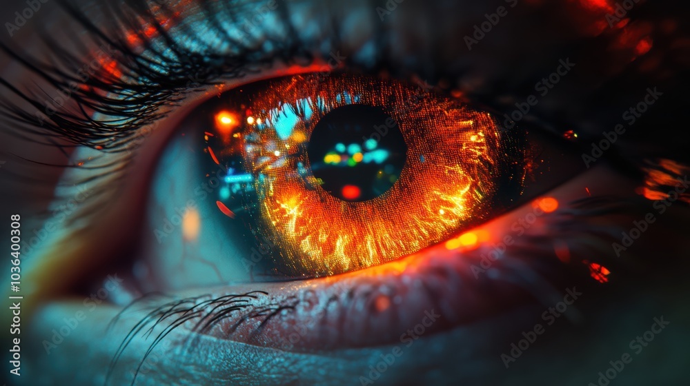 human eye zoomed in laser show iris with a big rave mirroring inside it ...